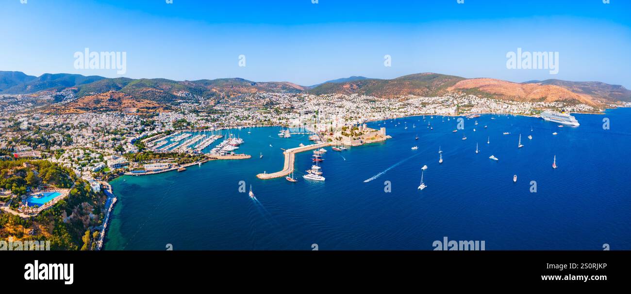 Bodrum city beach and marina aerial panoramic view. Bodrum is a city in ...