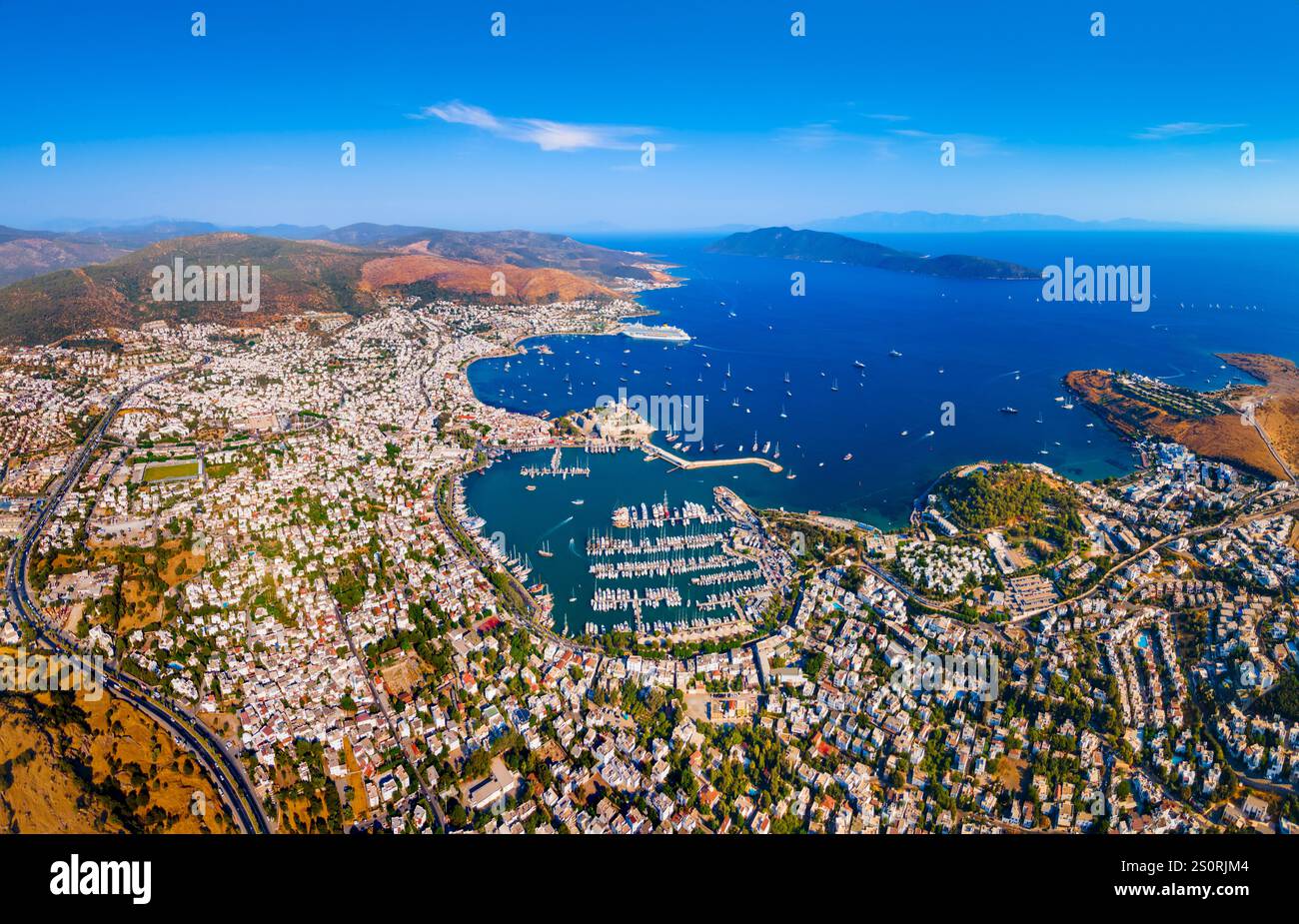 Bodrum city beach and marina aerial panoramic view. Bodrum is a city in ...