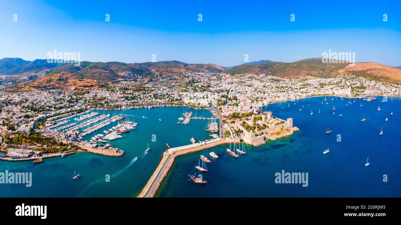 Bodrum city beach and marina aerial panoramic view. Bodrum is a city in ...