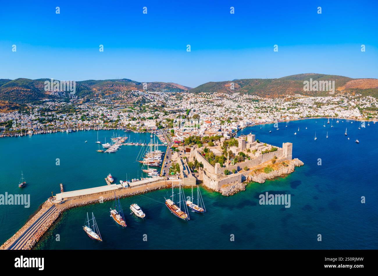 The Bodrum Castle of St. Peter and marina aerial panoramic view in ...