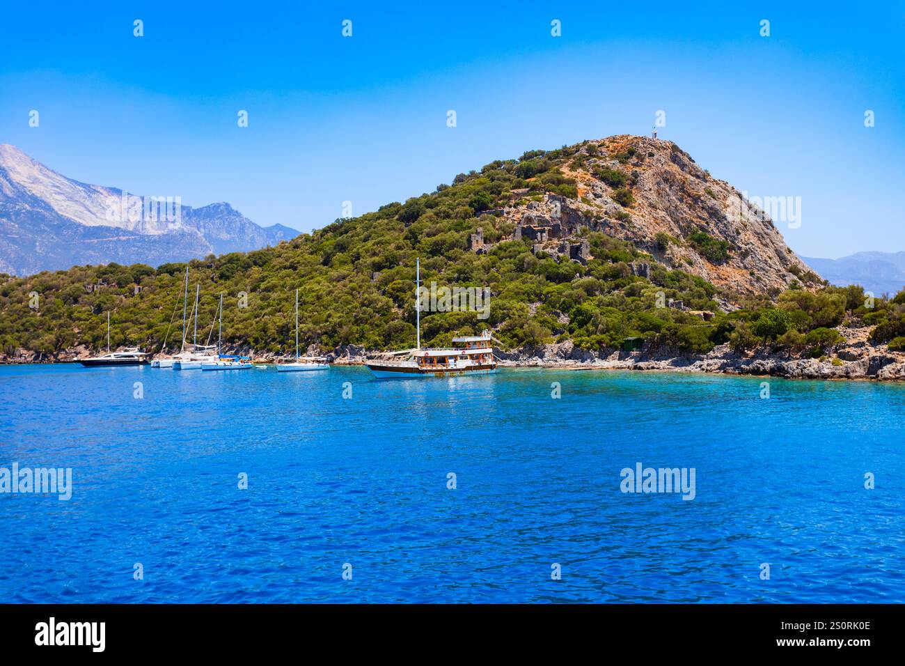 Boat at the Gemiler or St. Nicholas Island near Oludeniz village ...