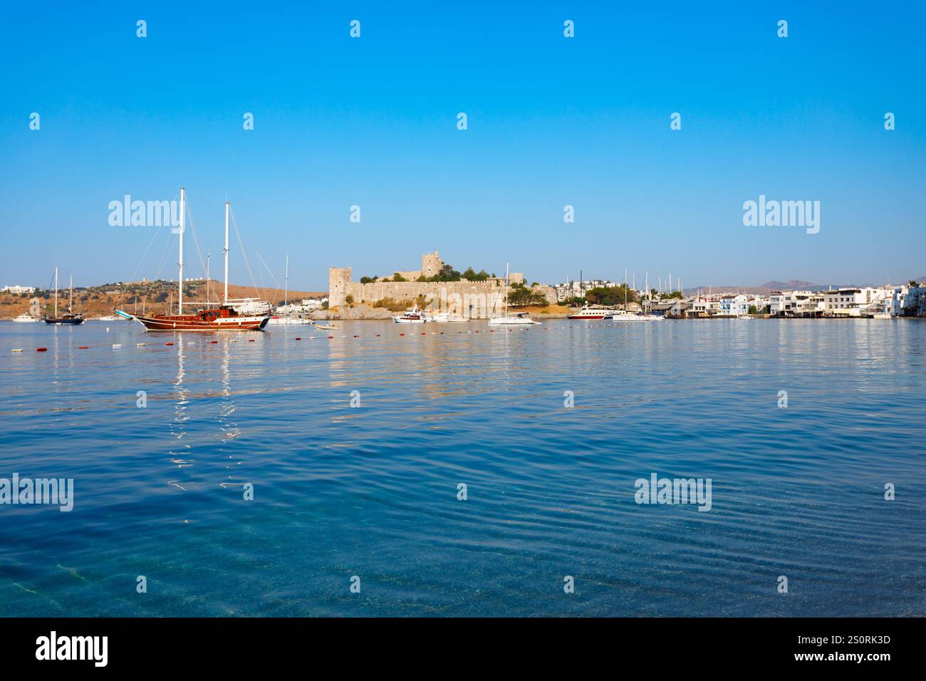 The Bodrum Castle of St. Peter and marina with boats in Bodrum city ...