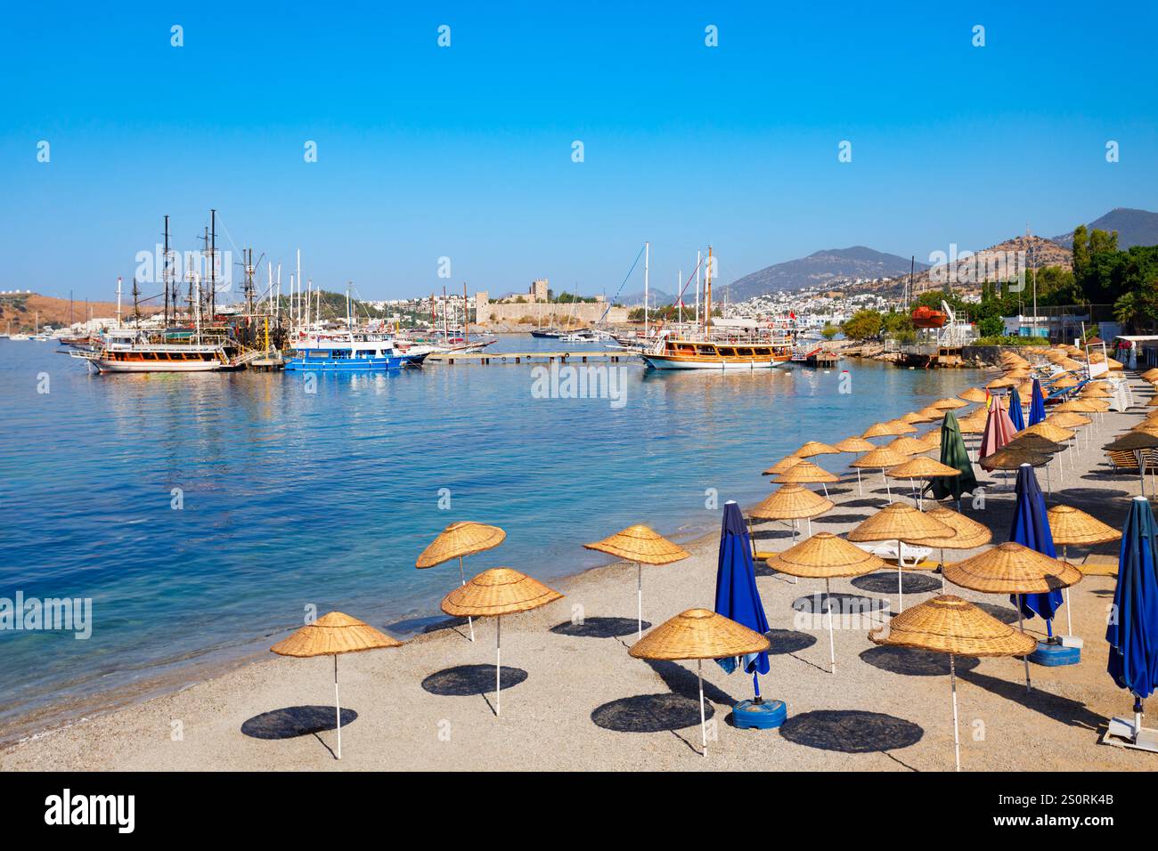 Bodrum city beach and marina aerial panoramic view. Bodrum is a city in ...