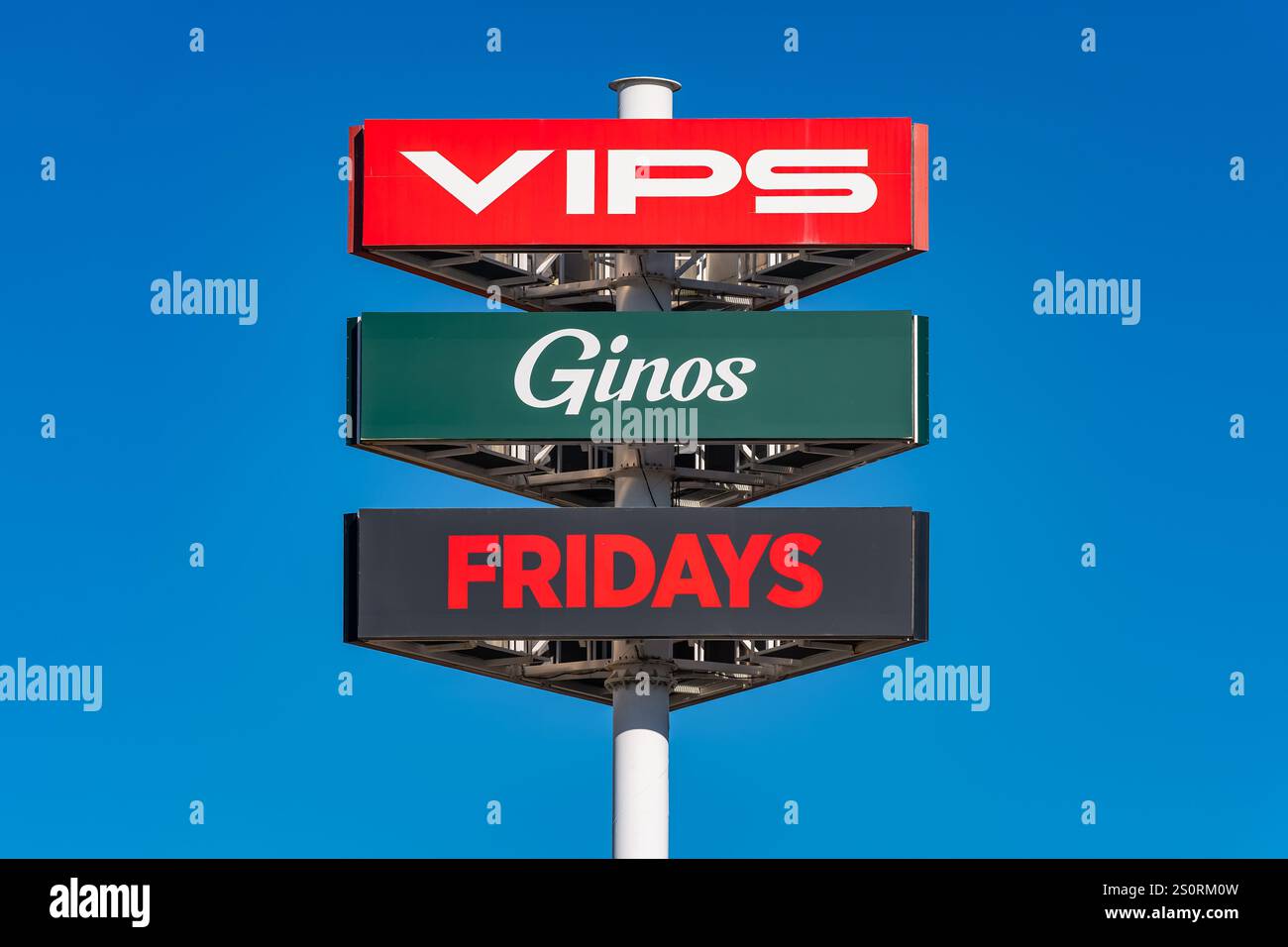 Madrid, Spain, December 21, 2024: Sign with three restaurant brands ...