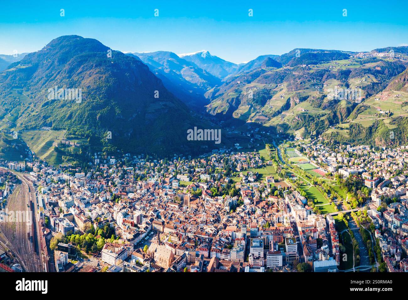 Bolzano and Dolomite mountains aerial panoramic view. Bolzano is the ...