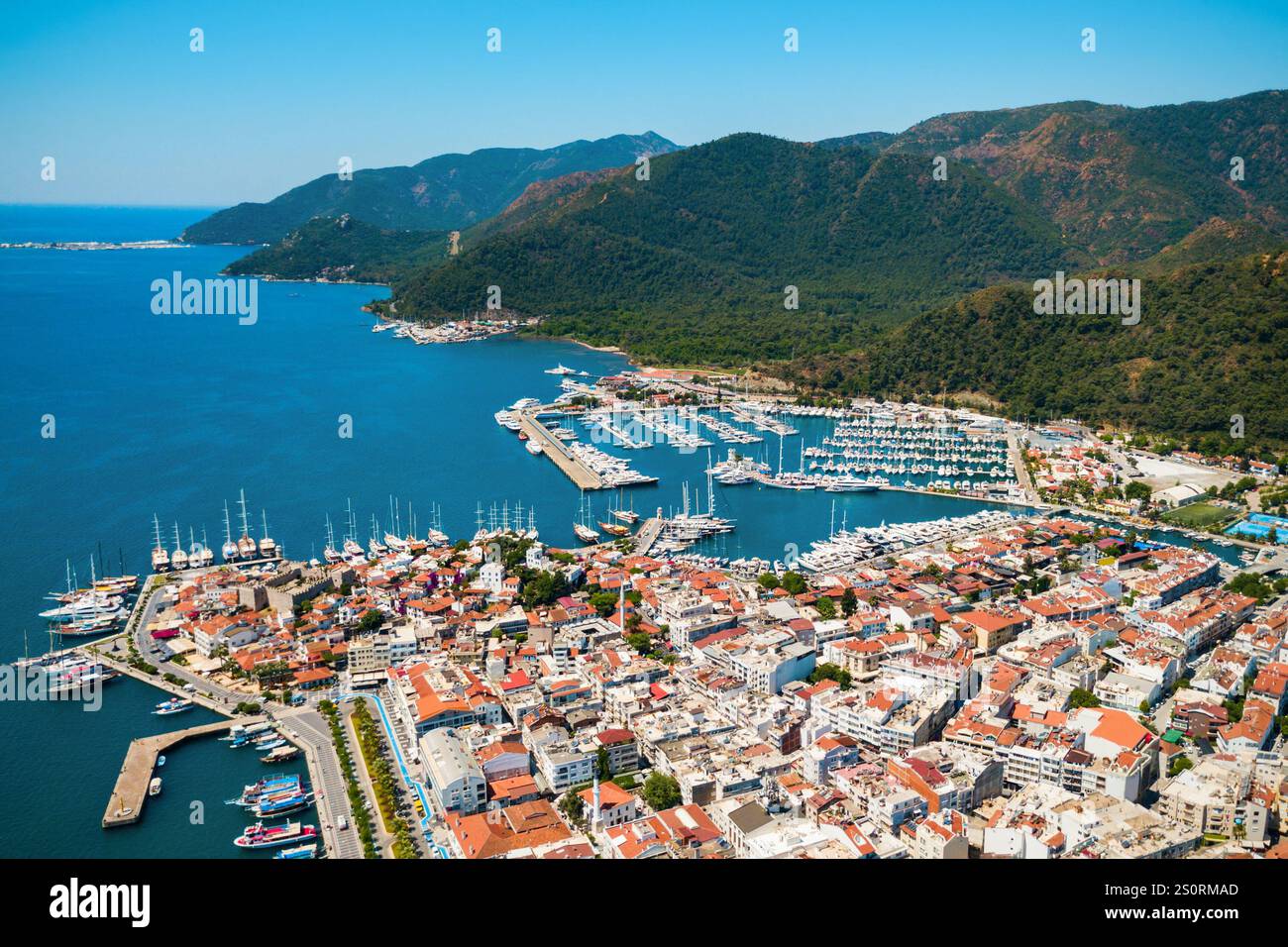 Marmaris city aerial panoramic view in Marmaris city in Turkey Stock ...