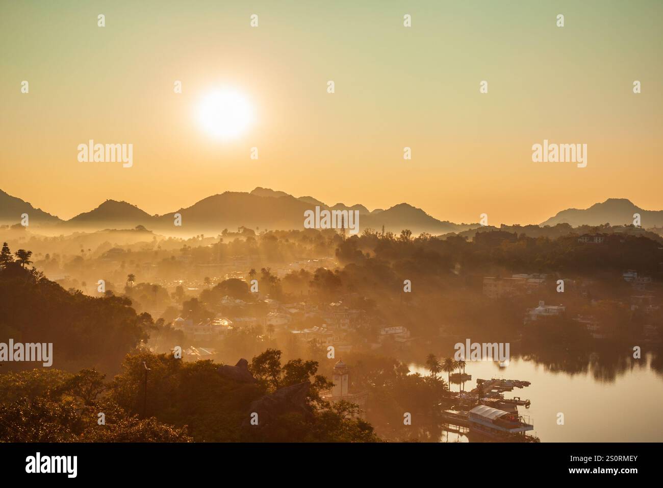 Mount Abu and Nakki lake aerial panoramic view at sunset. Mount Abu is ...