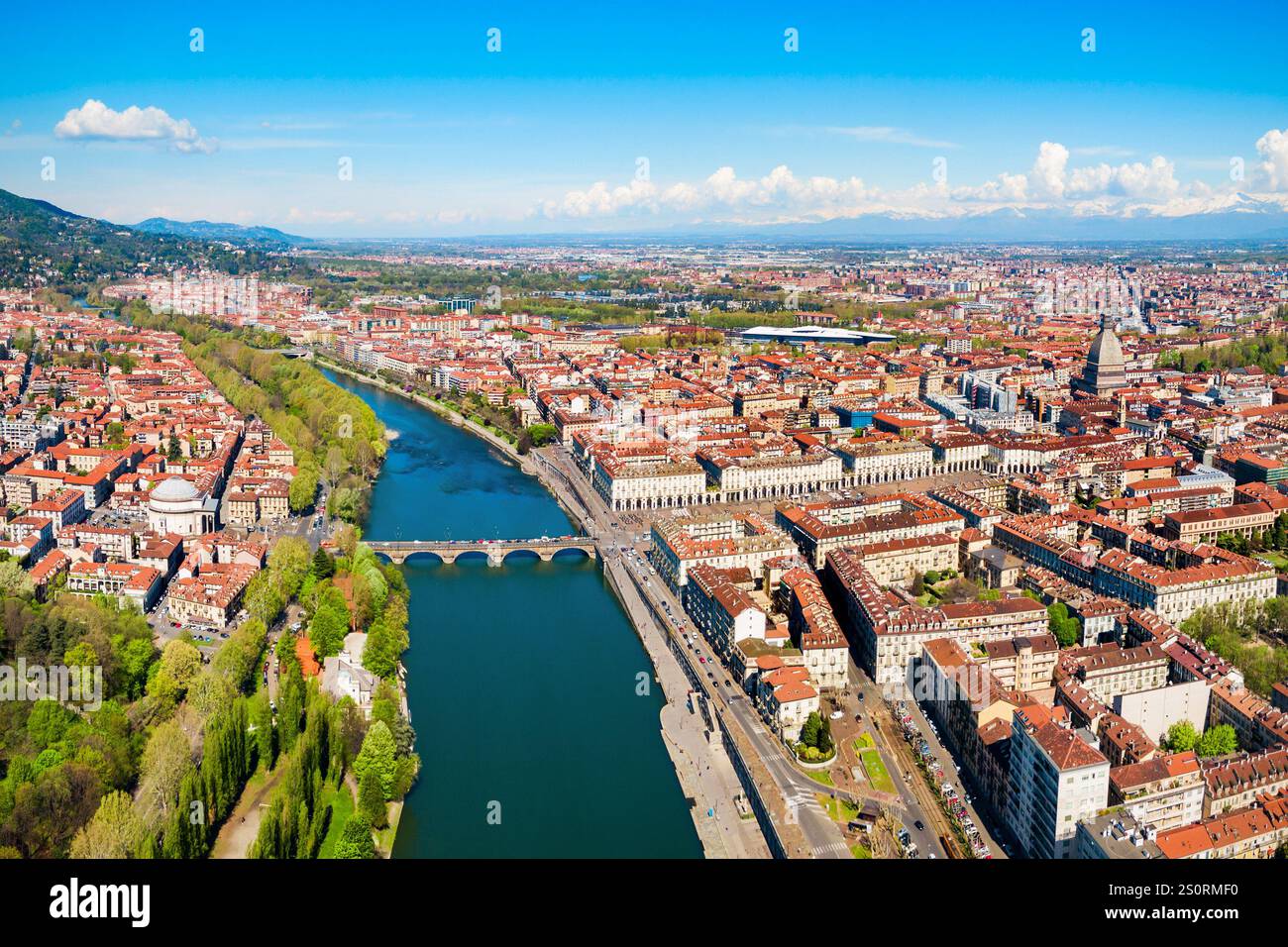 The Po river aerial panoramic view in the centre of Turin city ...