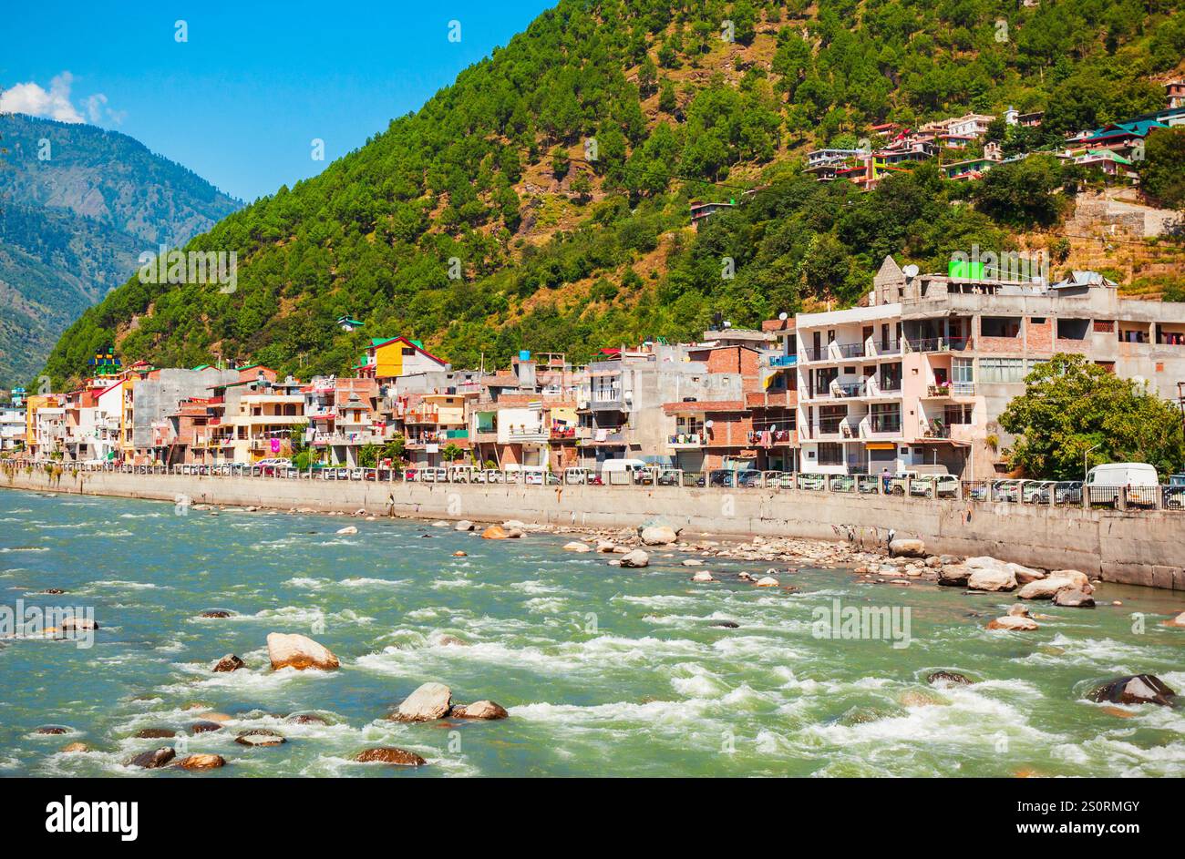 Beas river near Kullu town aerial panoramic landscape, Kullu valley in Himachal Pradesh state in ...