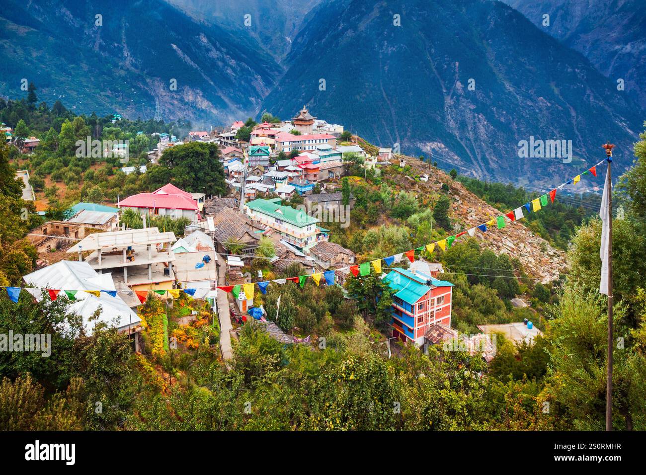 Kalpa and Kinnaur Kailash mountain aerial panoramic view. Kalpa is a ...