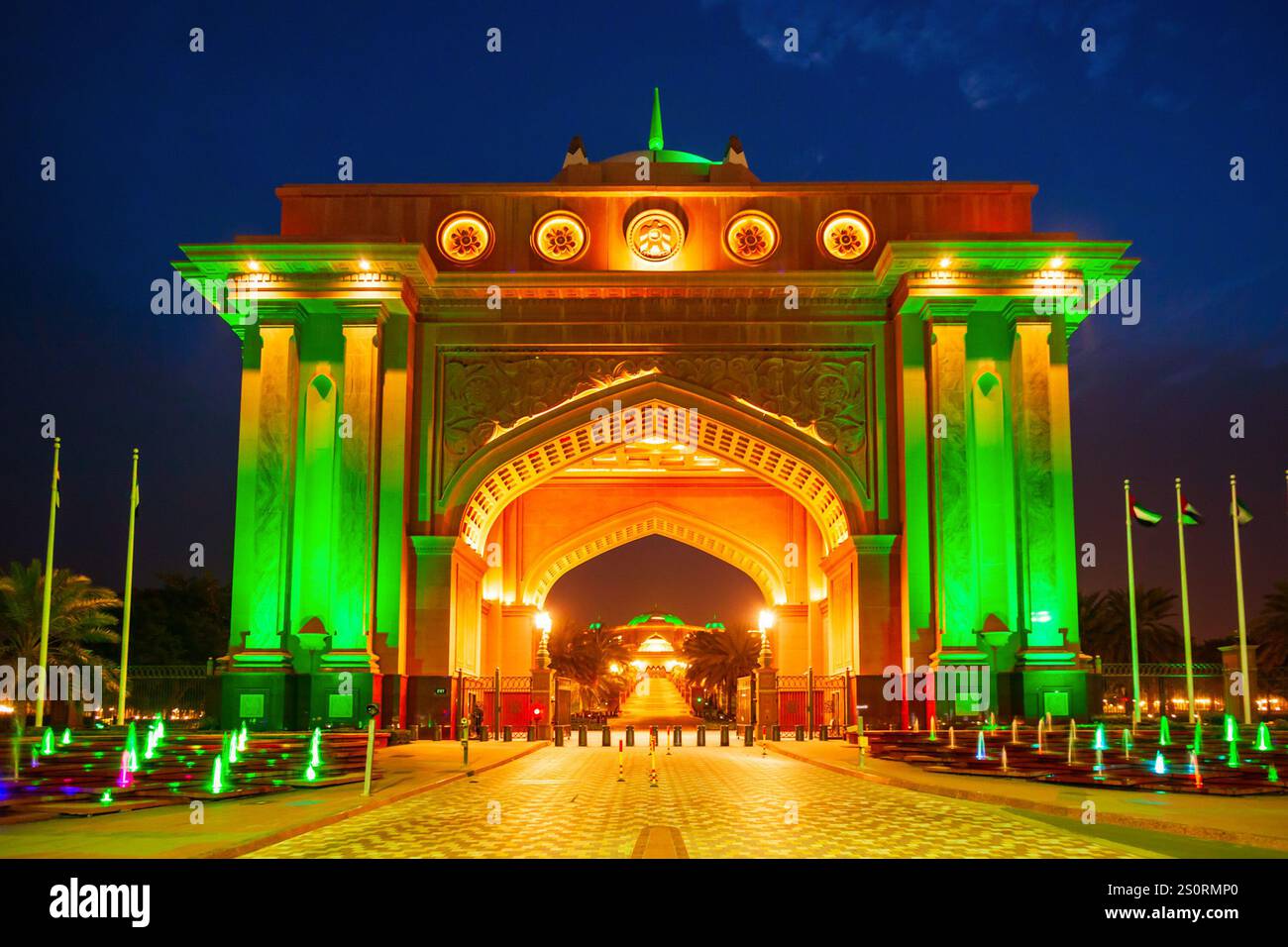 Abu Dhabi city gate at sunset. Abu Dhabi is the capital and the second ...