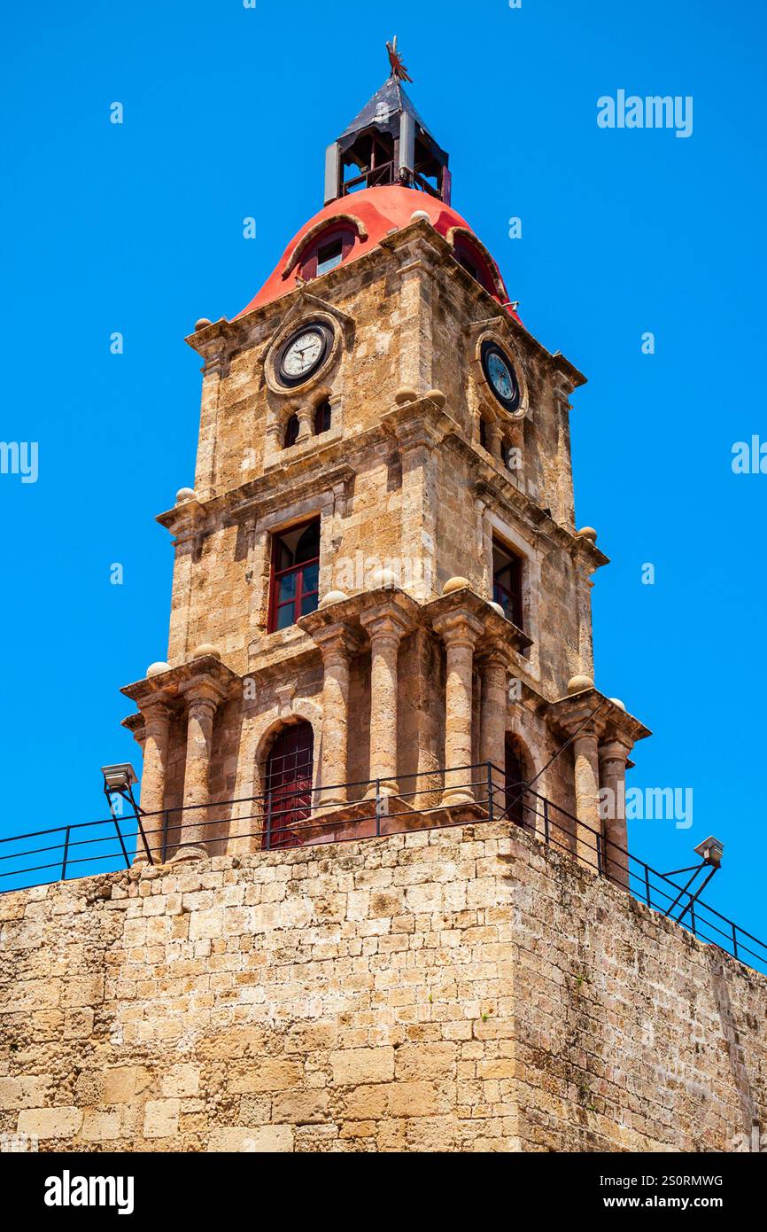 Medieval Clock Tower in the city of Rhodes in Rhodes island in Greece ...