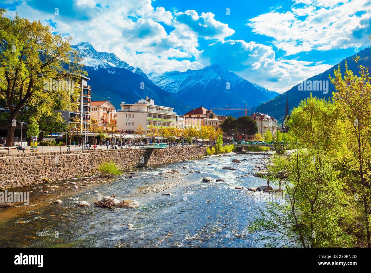 River in Merano city centre view. Merano or Meran is a town in South ...