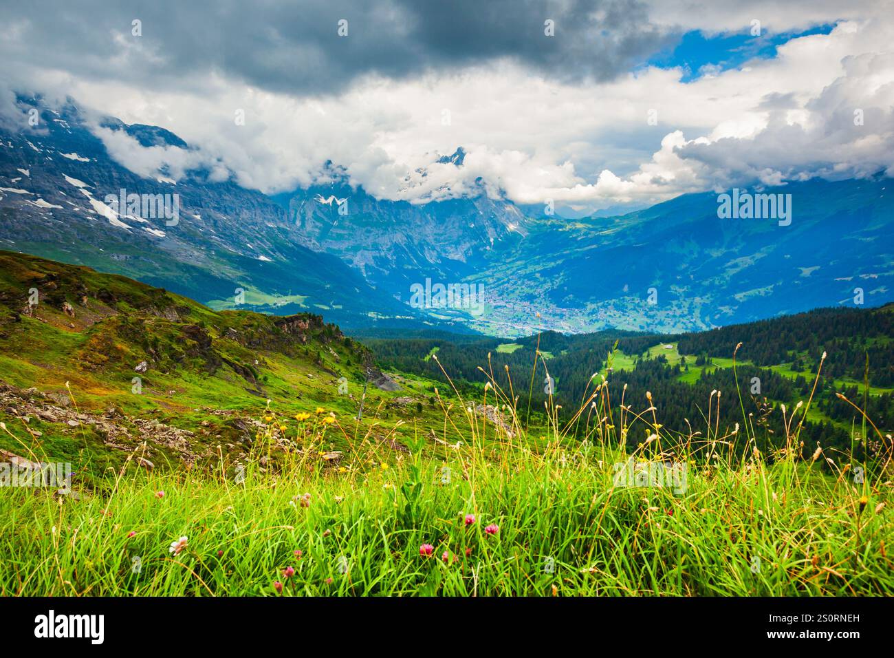 Alpine landscape, Lauterbrunnen valley panoramic view, Bernese Oberland ...