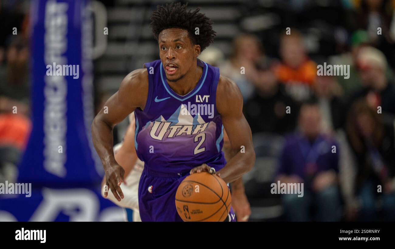 Utah Jazz guard Collin Sexton (2) brings the ball up court during the ...