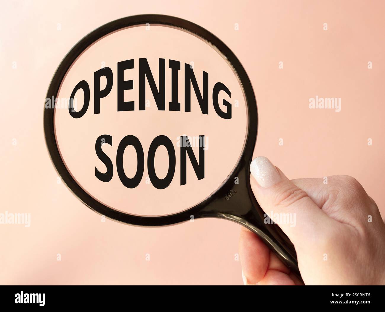 Opening soon symbol. Magnifying Glass with Concept word Opening soon. Beautiful pink background ...