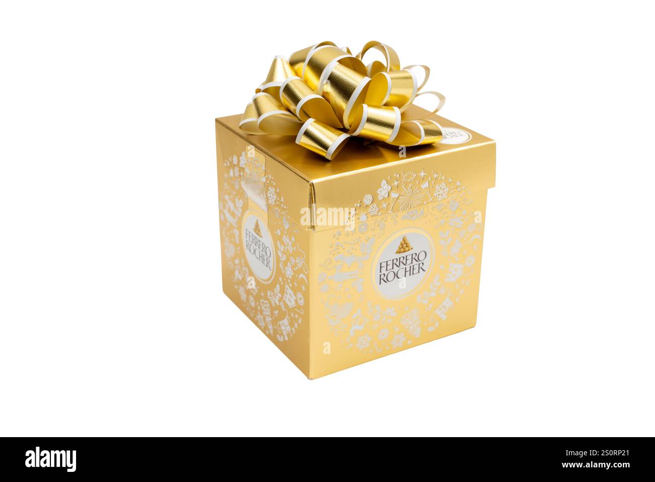 Gold box of chocolates with a ribbon at the top with the inscription ...