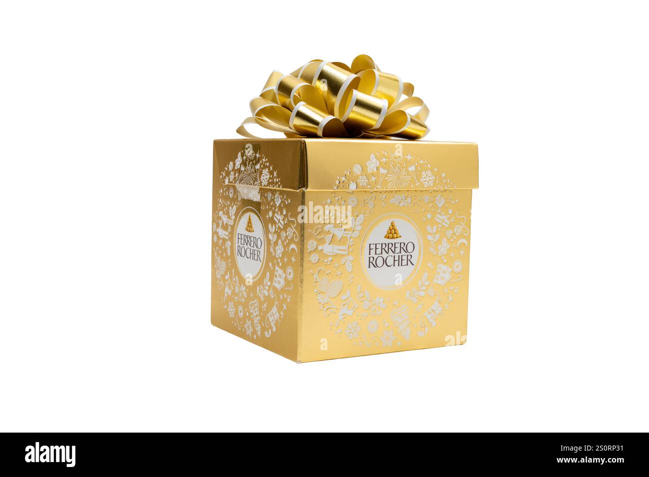 Gold box of chocolates with a ribbon at the top with the inscription ...