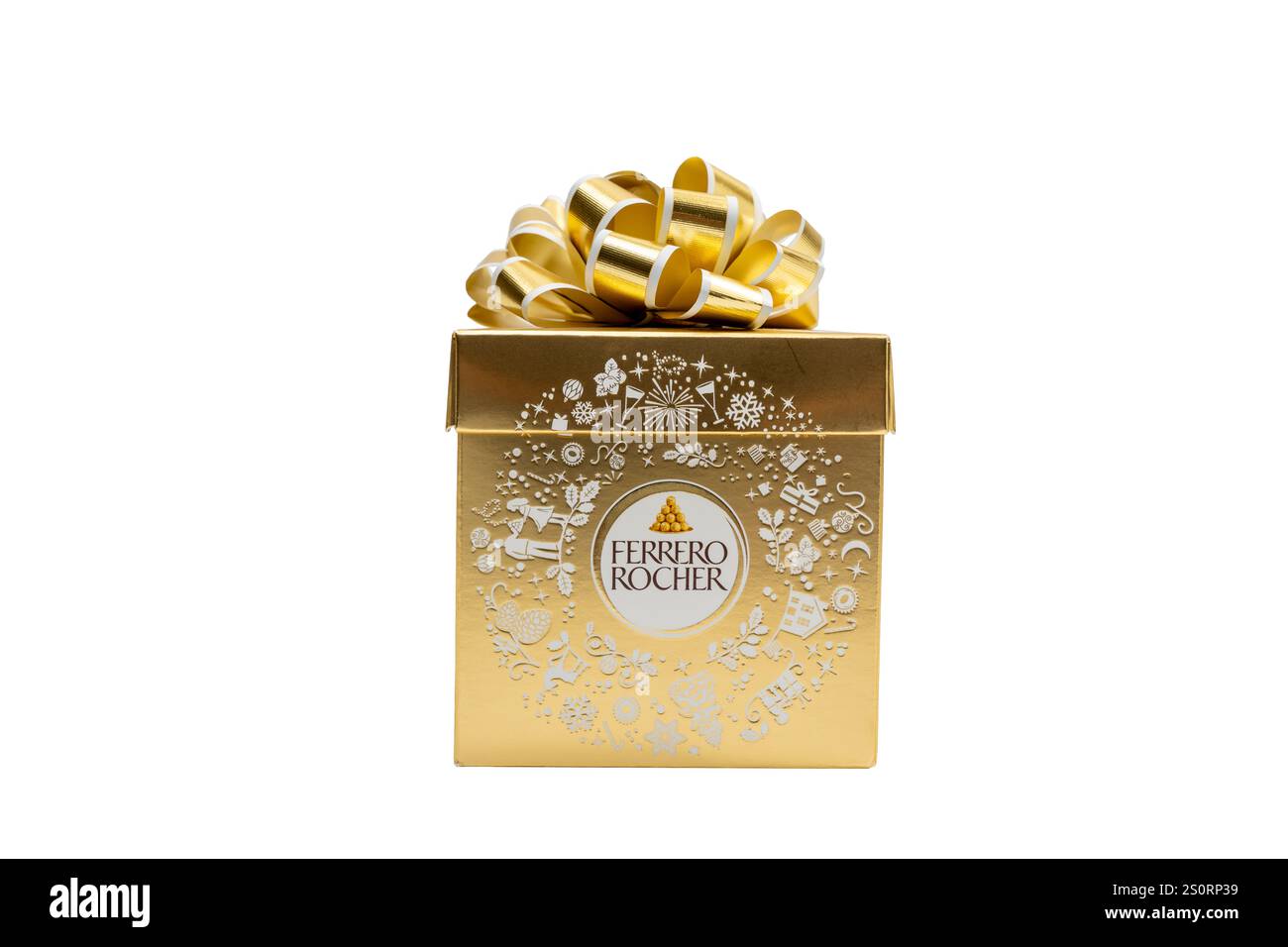 Gold box of chocolates with a ribbon at the top with the inscription ...