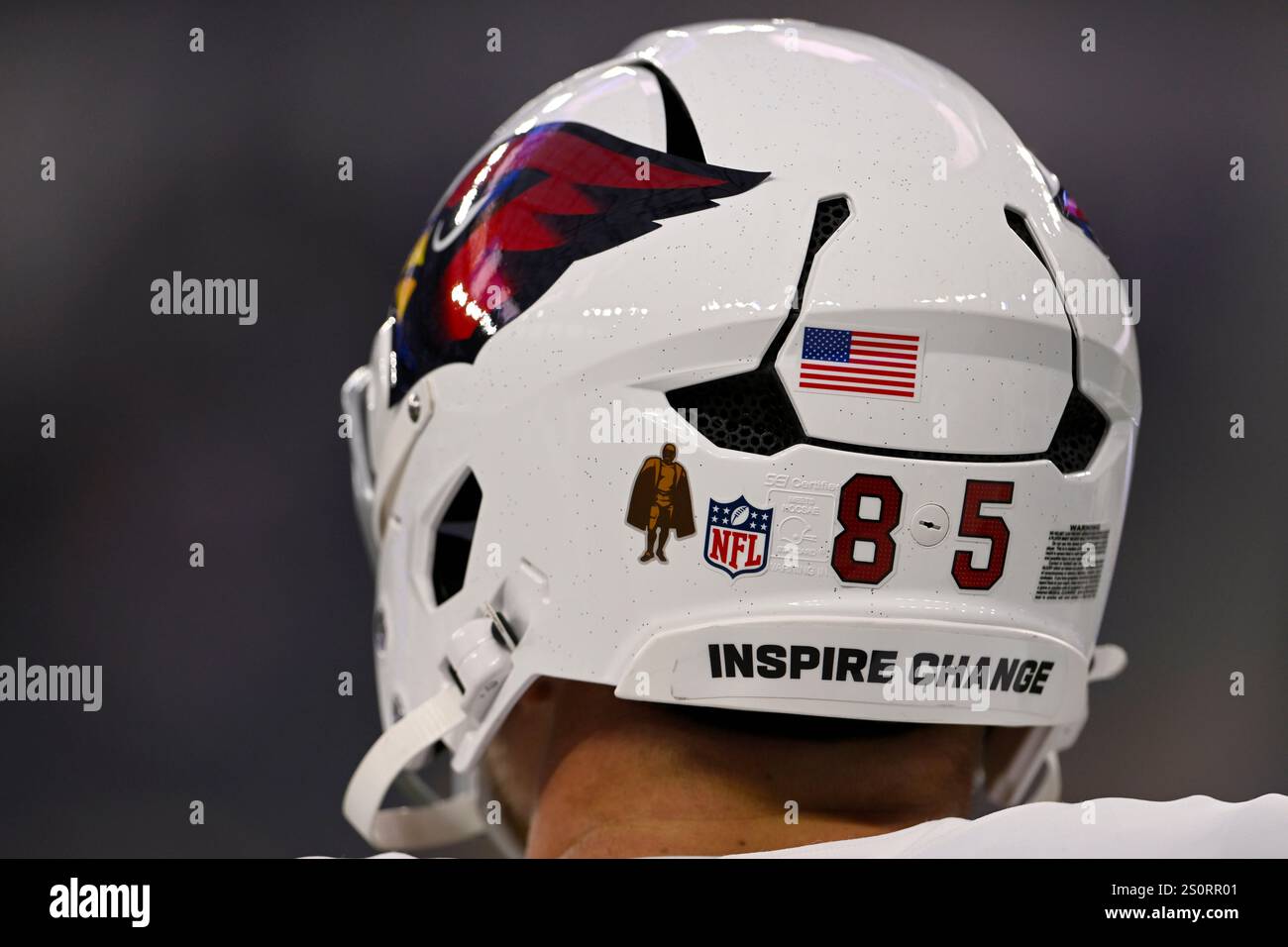 Arizona Cardinals tight end Trey McBride helmet during warmups before ...