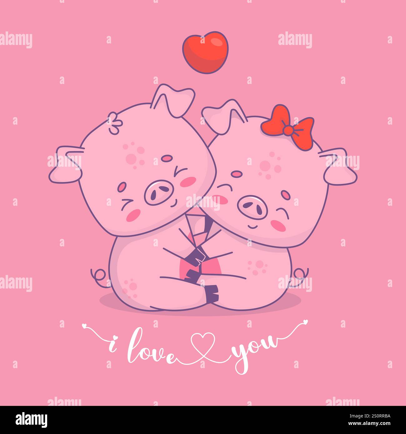 Couple of pigs in love. Two cute hugging piglets, boy and girl, with ...