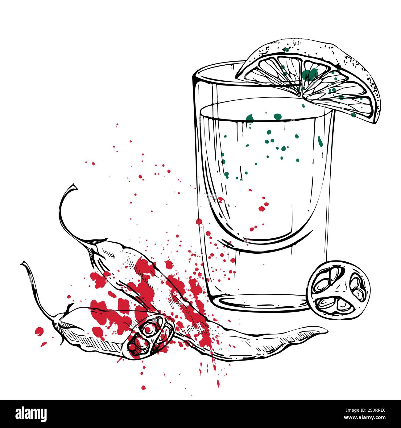 Tequila liquor alcohol shot glass with lime citrus slice, chili spicy ...