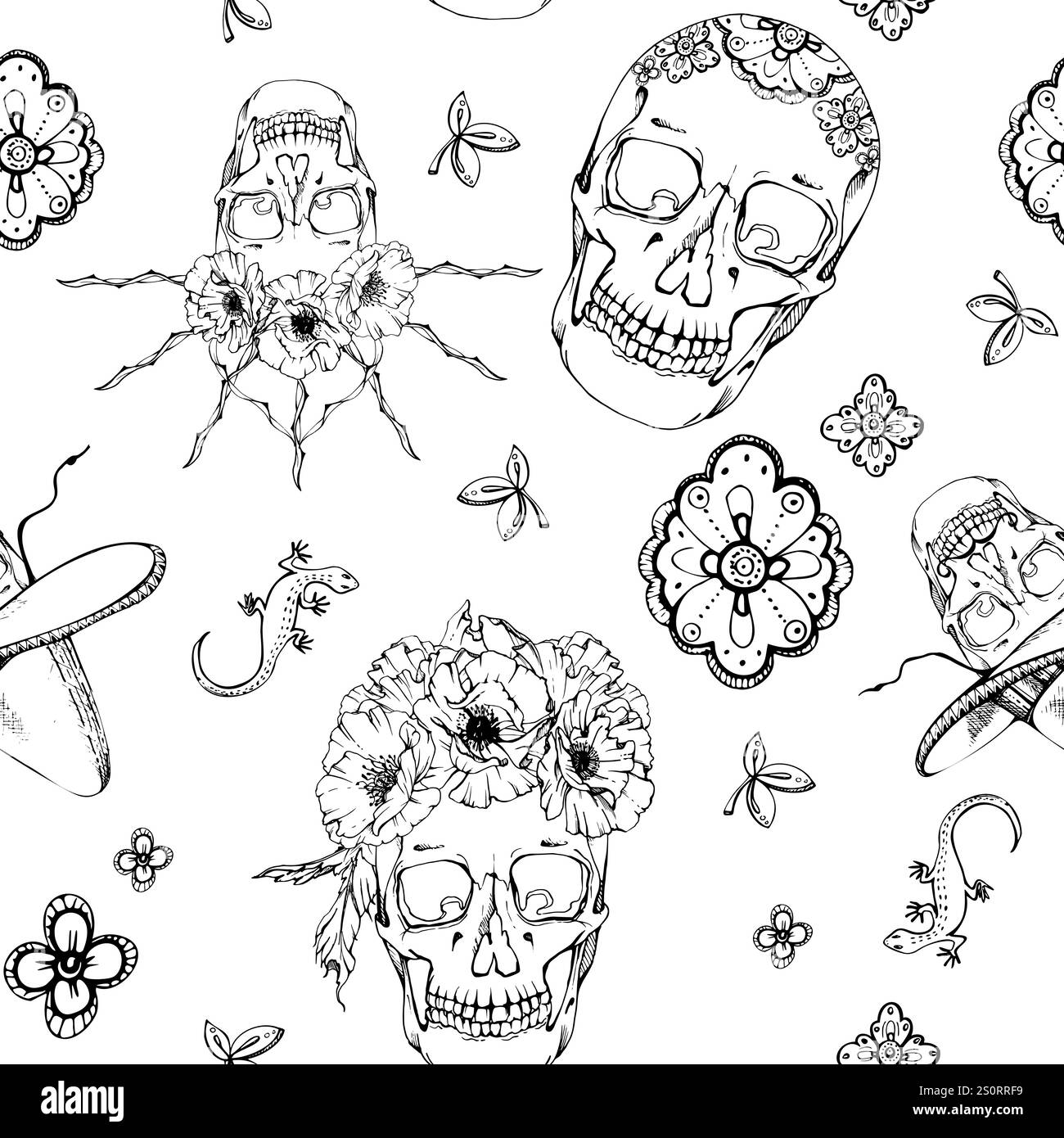 Cinco de Mayo human skull in sombrero hat, flower crown. Mexican ...