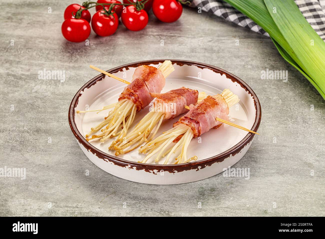Grilled enoki mushroom with bacon roll wrap Stock Photo - Alamy