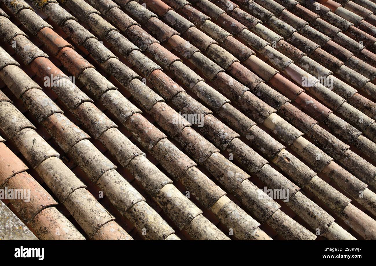 Old clay roof tiles display a unique arrangement and weathering effects ...