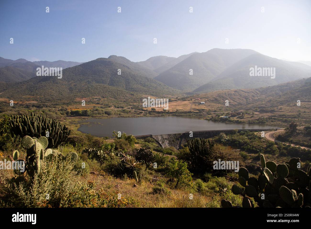 Water dam in Teotitlan del Valle facing the southern Sierra of Oaxaca ...