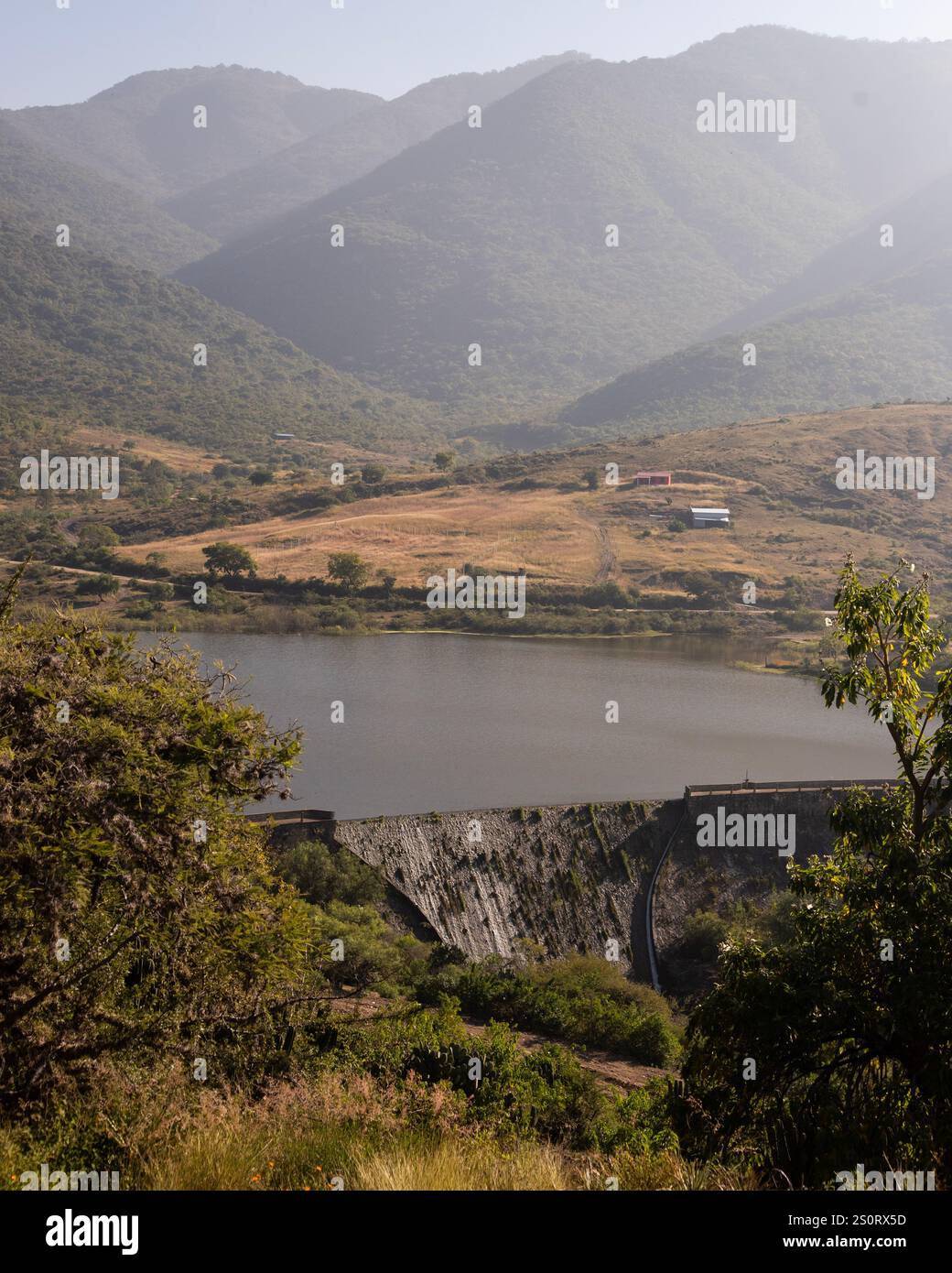 Water dam in Teotitlan del Valle facing the southern Sierra of Oaxaca ...