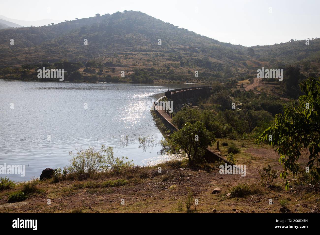 Water dam in Teotitlan del Valle facing the southern Sierra of Oaxaca ...