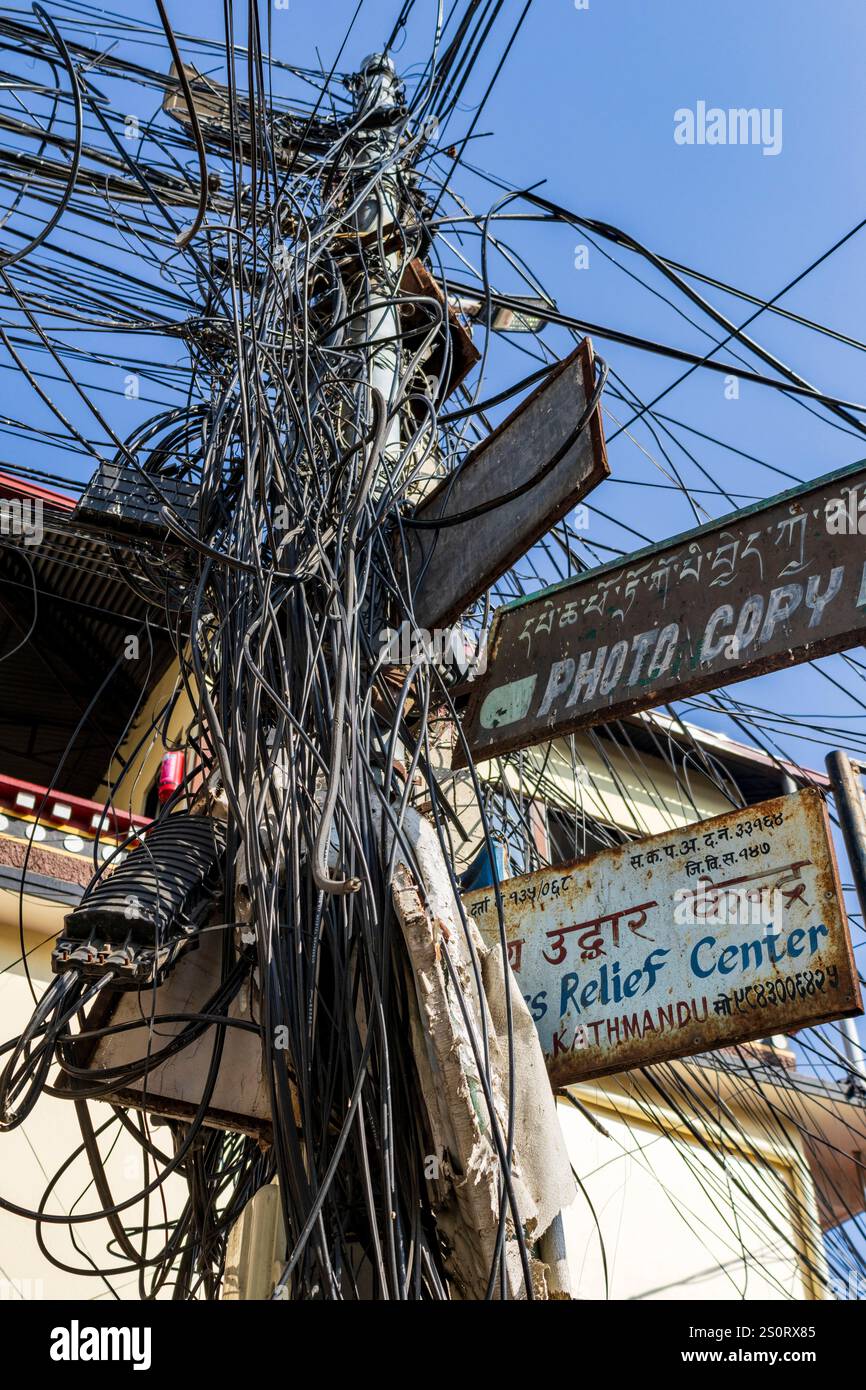 Tangled up or jungled up electricity wires on a pole, Kathmandu, Nepal ...