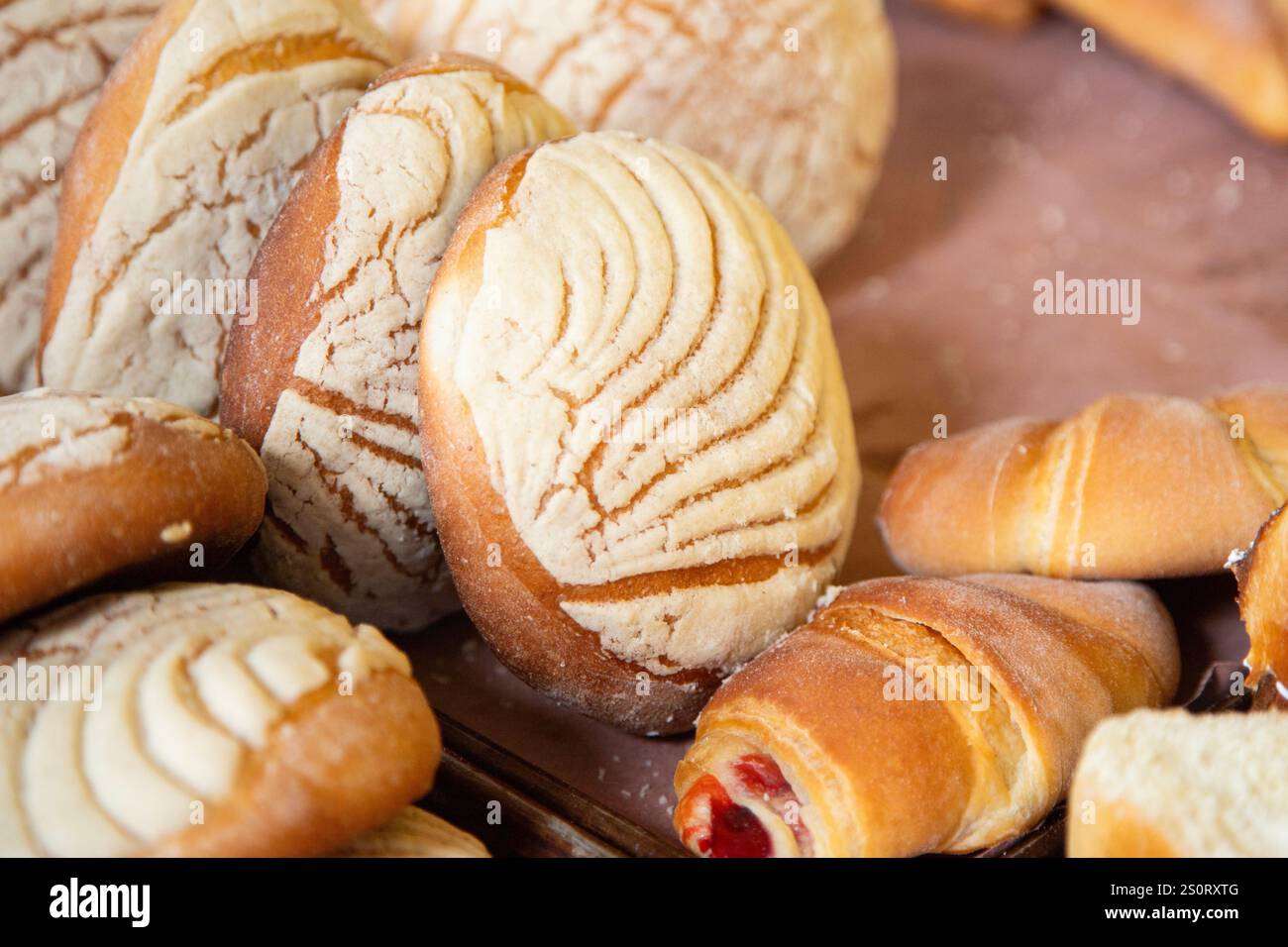Pan de concha. Mexican sweet bread at a street food stand in Oaxaca ...