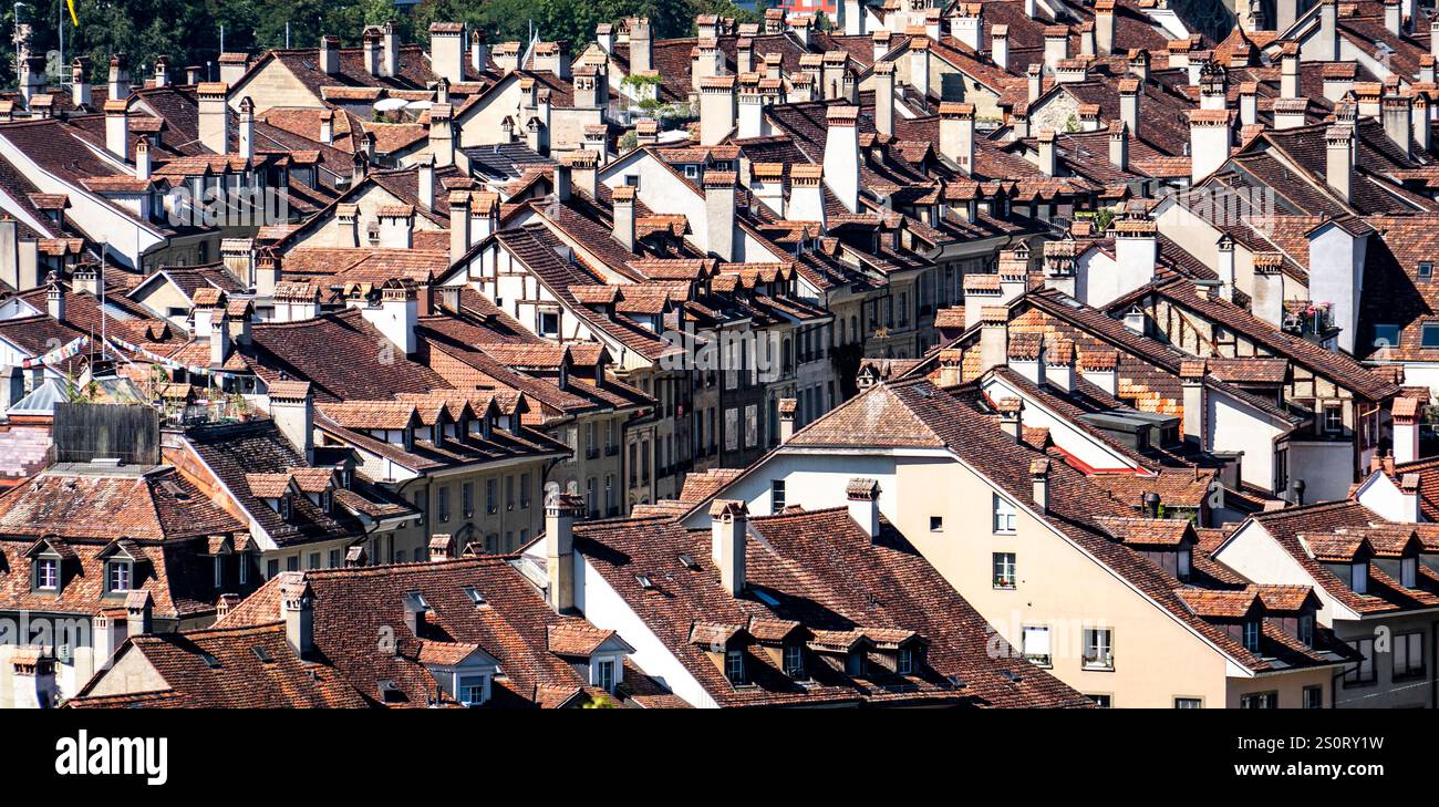 Aerial view of densely packed traditional European rooftops with ...