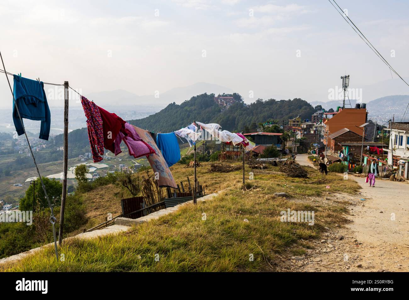 Clothes drying on a washing line, countryside, landscape, Himalayan ...