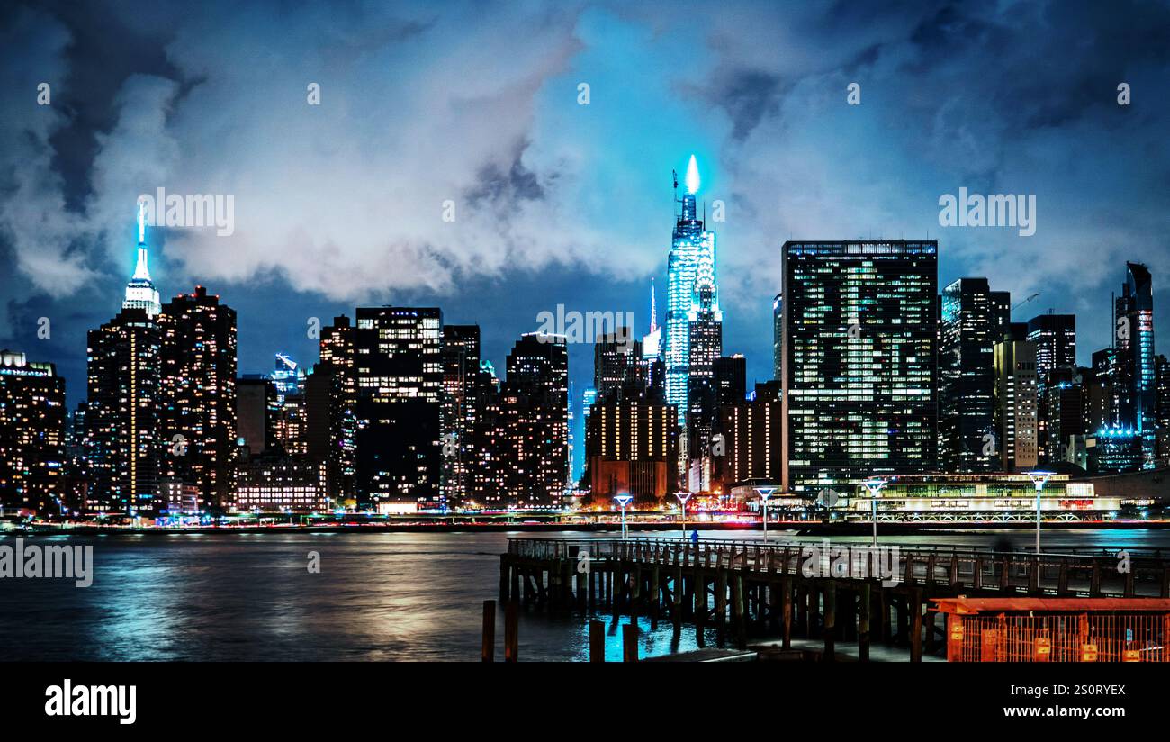 A stunning night view of a city skyline featuring tall buildings ...