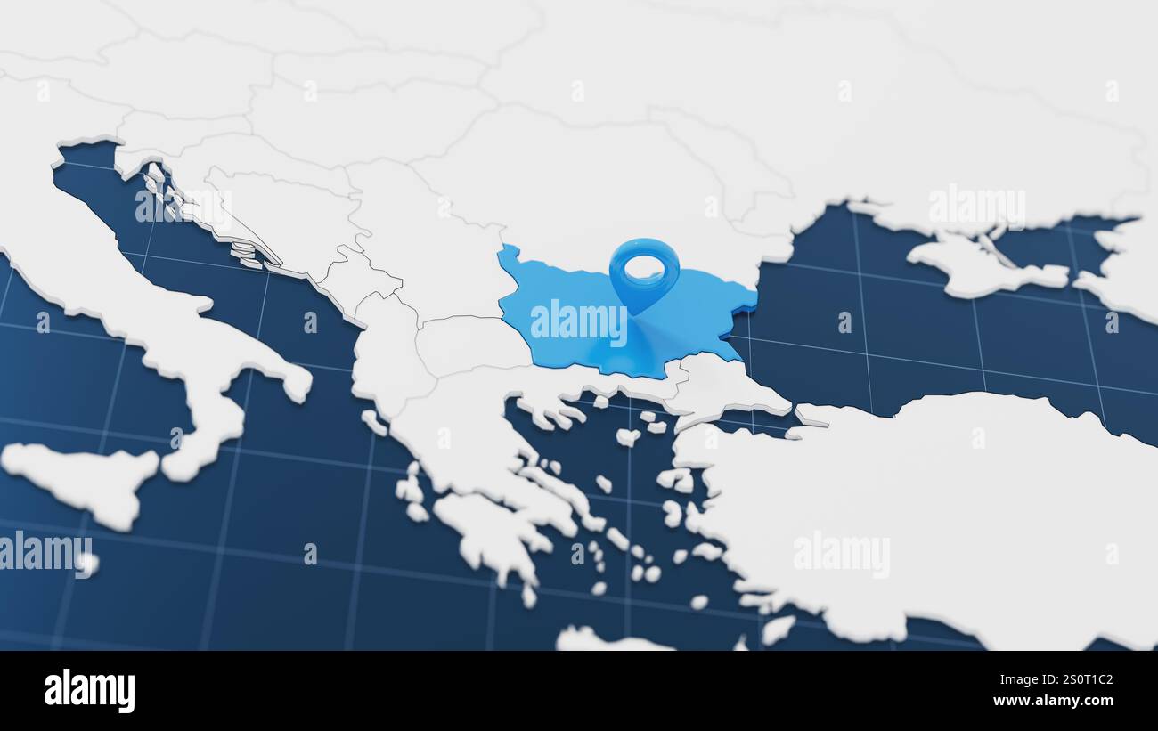 Blue Bulgaria 3d map with pointer pin surrounded with other countries ...