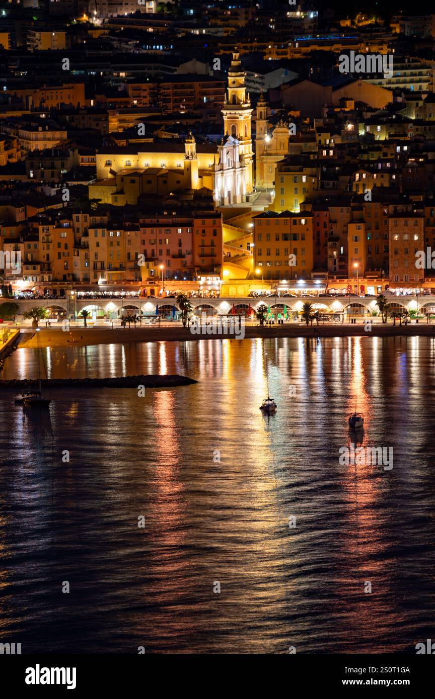 Night view on French Riviera, lights of Menton old city and marina on ...