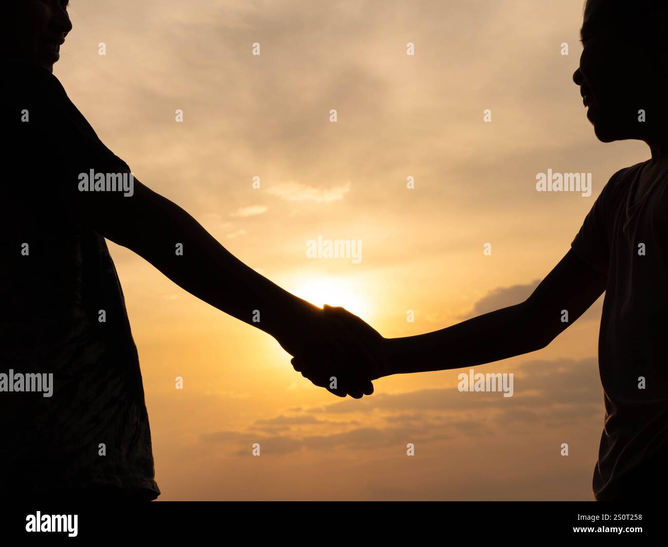 Happy mother and daughter walking on green grass in spring meadow. Mother and daughter holding ...