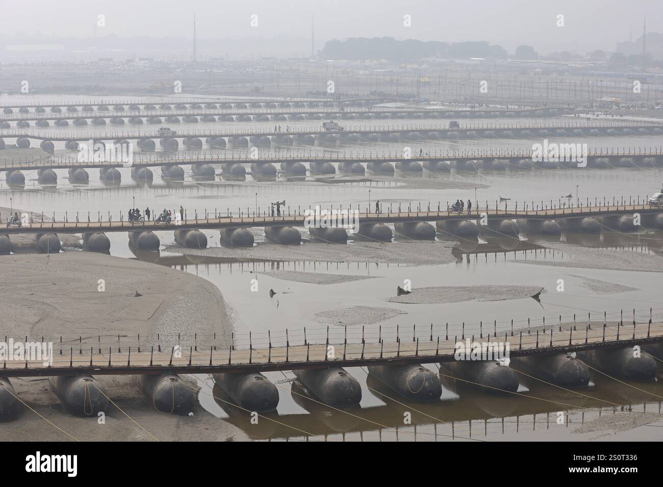 A bird eye video of pontoon bridges at the bank of Sangam confluence of ...