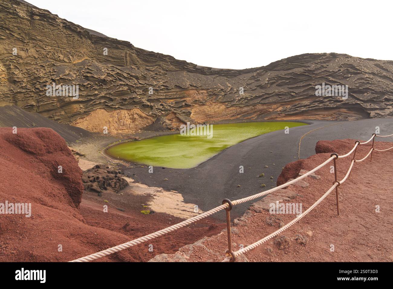 The unique green lagoon on the black sand beach of El Golfo, Lanzarote ...