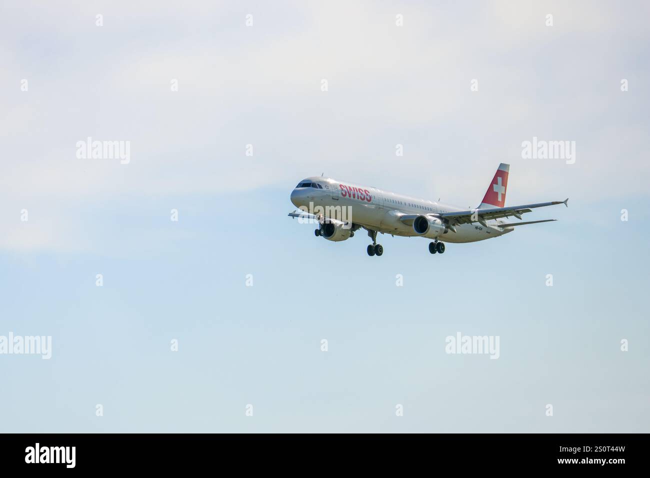 Swiss international air lines passenger airplane is landing at lisbon ...