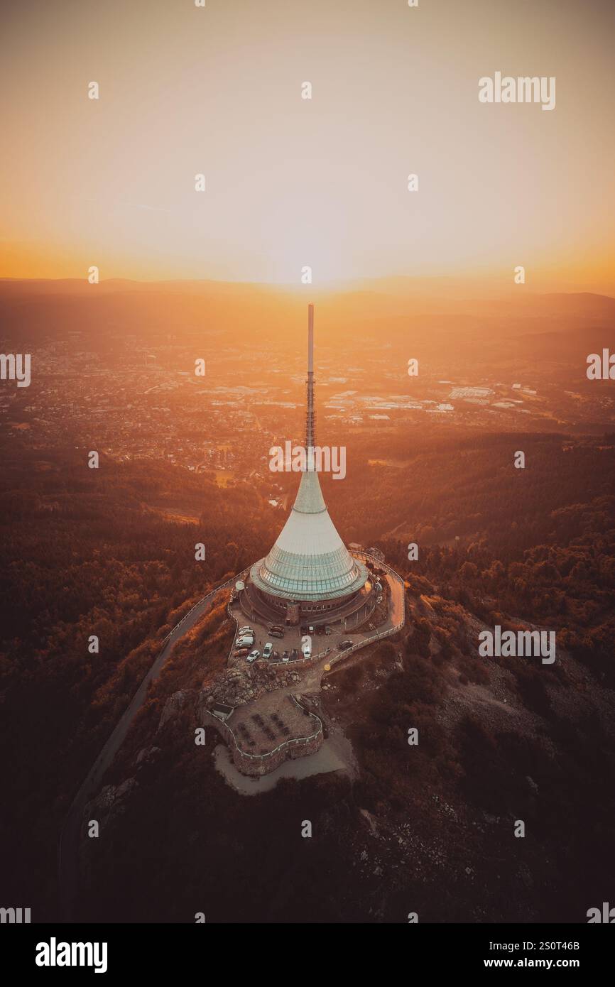 Jested building with Liberec in background during sunrise. Aerial view ...