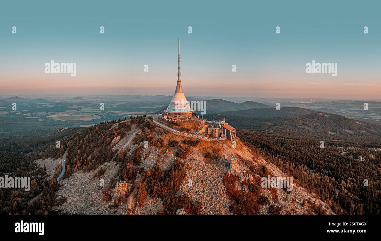 Jested building with Liberec in background during sunrise. Aerial view ...