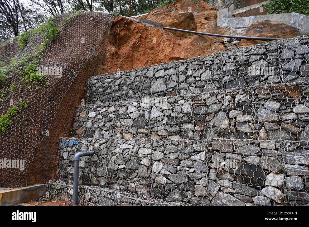 View of the gabion wall barriers that are made of hexagonal wire ...