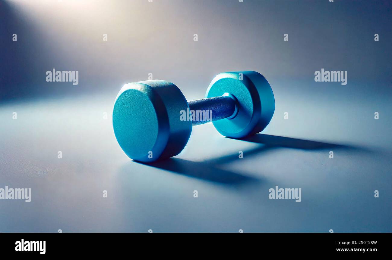 blue dumbbells are placed on a white reflective surface, creating a ...