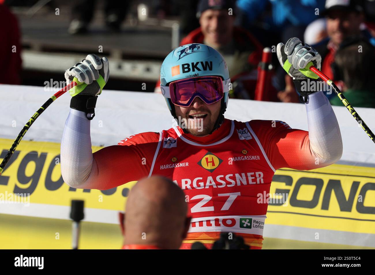 Switzerland's Alexis Monney reacts after completing an alpine ski, men ...
