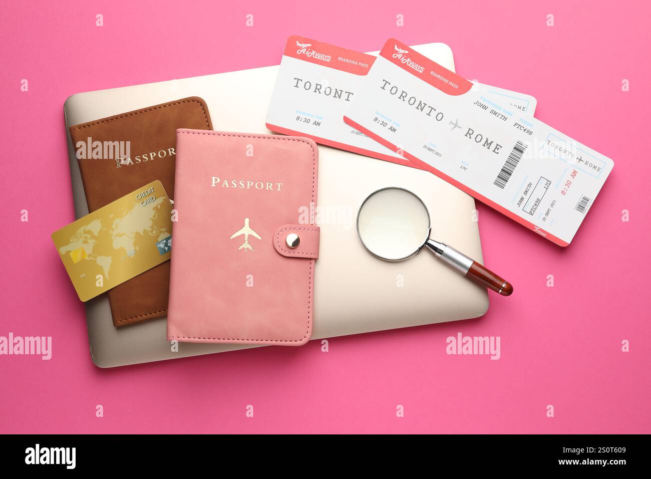 Travel agency. Flight tickets, passports, laptop, credit card and ...