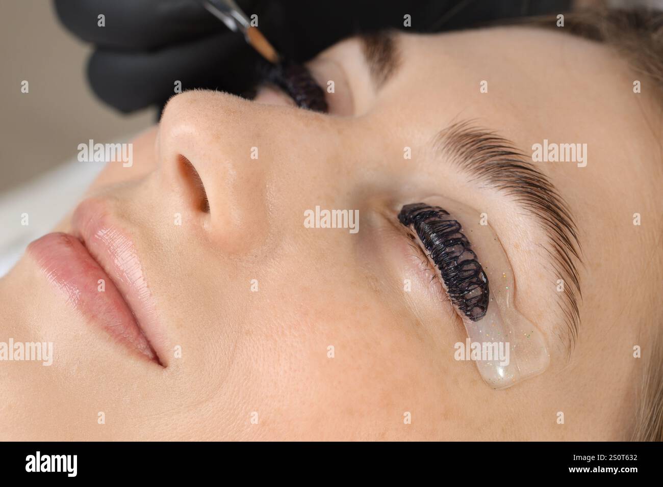 Eyelash lamination procedure. Esthetician applying dye on woman's ...